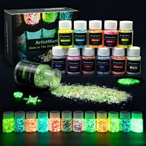 glow in the dark glitter, 12 colors chunky glitter for tumblers, high luminous holographic glitter for resin crafts epoxy slime, cosmetic grade nail glitter set for face body skin