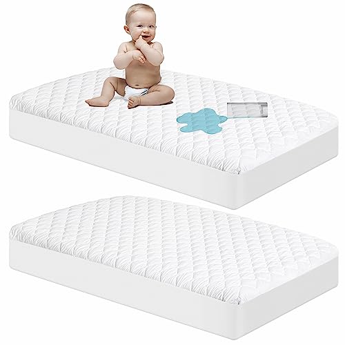 NTBAY 2 Pack Waterproof Mini Crib Mattress Protector, Quilted 24"x38" Fitted Mattress Cover - Machine Washable - Soft and Breathable Baby Mattress Pad Sheet for Mini Crib and Baby Playards, White