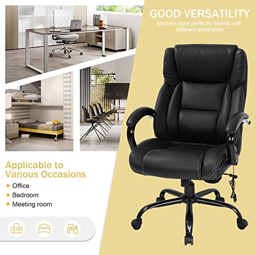 500lbs Big and Tall Office Chair Ergonomic Massage Swivel Rolling Desk Chair High Back PU Leather Wide Seat Computer Chair Heavy Duty Adjustable Executive Task Chair with Lumbar Support Arms, Black