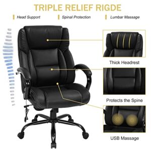 500lbs Big and Tall Office Chair Ergonomic Massage Swivel Rolling Desk Chair High Back PU Leather Wide Seat Computer Chair Heavy Duty Adjustable Executive Task Chair with Lumbar Support Arms, Black