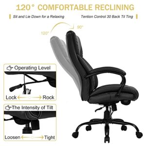 500lbs Big and Tall Office Chair Ergonomic Massage Swivel Rolling Desk Chair High Back PU Leather Wide Seat Computer Chair Heavy Duty Adjustable Executive Task Chair with Lumbar Support Arms, Black