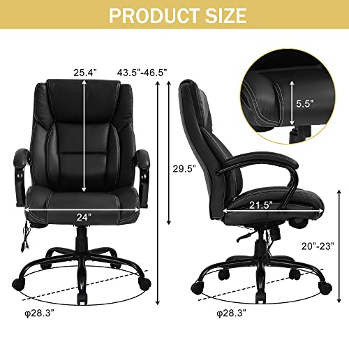 500lbs Big and Tall Office Chair Ergonomic Massage Swivel Rolling Desk Chair High Back PU Leather Wide Seat Computer Chair Heavy Duty Adjustable Executive Task Chair with Lumbar Support Arms, Black