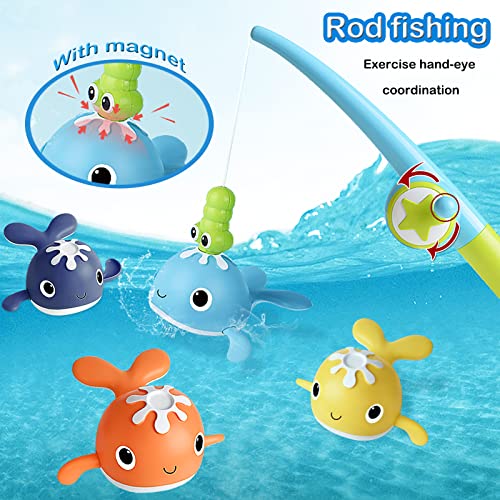 LOYUEGIYO Baby Bath Toys,Magnet Fishing Game Bath Baby Toy for 1-3 4-8 Year Old Toddler Boys Girls,Toys Gifts for Kid,Baby Bathtub Toys 18 Months+,4 Wind-up Whale Water Shower Toy&1 Fishing Pole&1 Net