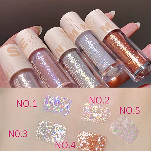 Aolailiya 5pcs Liquid Glitter Eyeshadow Set, Sparkling Metallic High Pigmented Glitter Eye Shadow Korean Makeup, Long Lasting, Quick Drying, Loose Glitter Glue for Eye Crystals Makeup