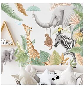 africa jungle animal wall stickers,giraffe elephant zebra monkey plant wall decals, peel and stick removable wall decor, diy art mural decoration,jungle wallpaper for kids baby nursery kindergarten living room toddler boys girls bedroom