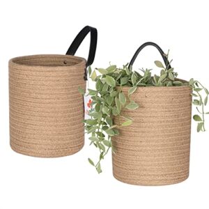 wall hanging storage baskets jute set of 2 small woven rope closet organizer 6.7"x7.9" décor with black leather handle nursery storage bins for flower plants/garage/shelf/outdoor/bathroom