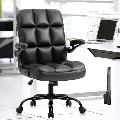 SEATZONE Executive Office Chair Black Leather Computer Desk Chair with Flip Armrest Desk Chairs with Wheels Swivel Chair Adjustable Backward Tilt Office Chairs