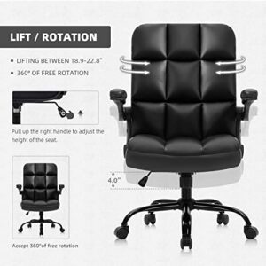 SEATZONE Executive Office Chair Black Leather Computer Desk Chair with Flip Armrest Desk Chairs with Wheels Swivel Chair Adjustable Backward Tilt Office Chairs