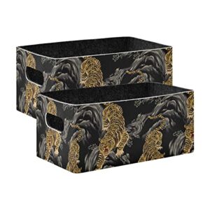 emelivor asian tiger storage basket bins set (2pcs) felt collapsible storage bins with fabric rectangle storage organizing baskets for office bedroom closet babies nursery