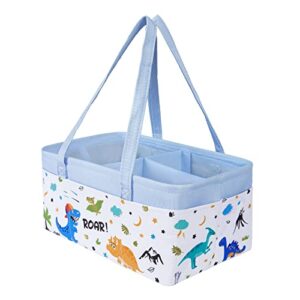 wernnsai dinosaur diaper caddy - collapsible nursery organizer for boy infant baby shower gifts large blue storage basket for changing table car travel living room newborn essentials must have dots