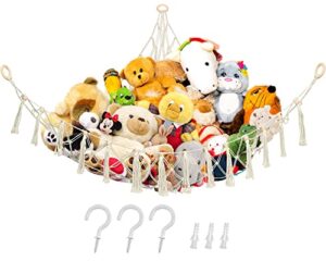 lotfancy stuffed animal net or hammock, 60"x48"x48", large macrame toy hammock, hanging plushie net, stuff animal storage ideas, corner net toy holder for kids room nursery bedroom, beige