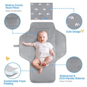 PHOEBUS BABY Portable Changing Pad Travel - Waterproof Compact Diaper Changing Mat with Built-in Pillow - Lightweight & Foldable Changing Station, Newborn Shower Gifts(Cute Elephant)