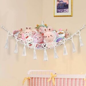 tueou stuffed animal net hammock - large macrame toy hammock holder, hanging corner stuffed animal storage organizer with tassels for kids room, nursery, bedroom