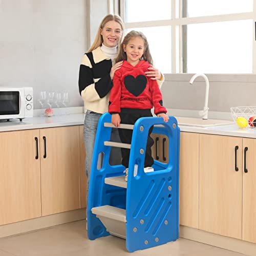 SDADI Toddler Tower Childrens Step Stool, Plastic Kitchen Helper Stool with Three Adjustable Heights for Kids and Toddlers (Light Blue/Light Gray)