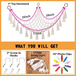 Stuffed Animal Toy Hammock Handmade Macrame Stuffed Animal Net with Photo Clips and Star String Lights, Corner Plush Toys Net Holder Hanging Mesh Toys Net for Nursery Play Room Bedroom