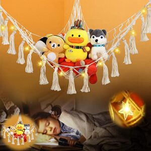 Stuffed Animal Toy Hammock Handmade Macrame Stuffed Animal Net with Photo Clips and Star String Lights, Corner Plush Toys Net Holder Hanging Mesh Toys Net for Nursery Play Room Bedroom