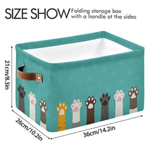 Kigai Foldable Rectangular Storage Baskets - Fabric Shelves Storage Bins with Leather Handles for Organizing Closet Clothes, Toys, Towels, Bedroom, Bathroom, Nursery, Office (Cute Cat Paws,1 PCS)