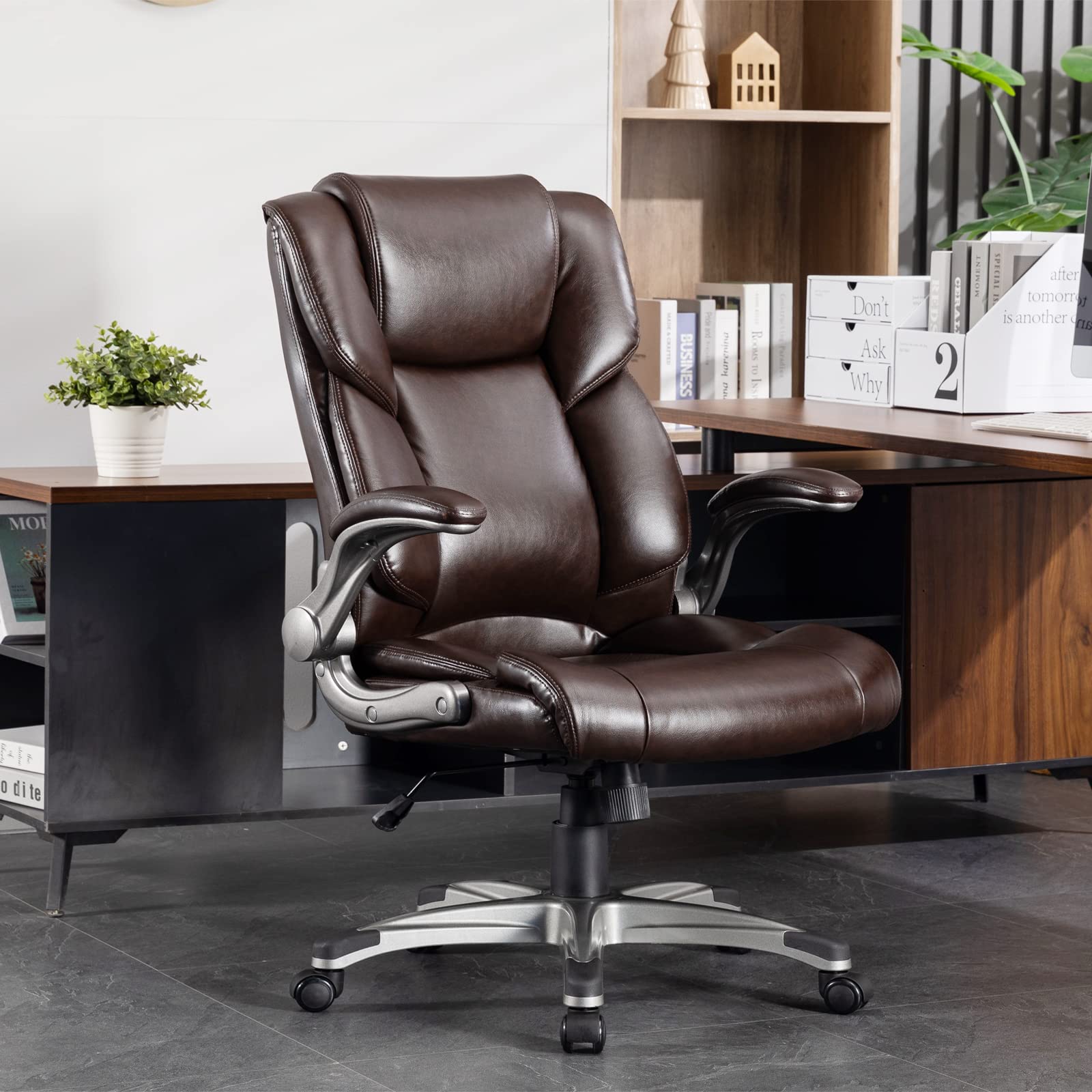 Office Chair Home Ergonomic Computer Hight Back Executive Desk Chairs, Adjustable Height Flip-Up Armrest Lumbar Support and Tilt Swivel Rocking PU Leather Chairs with Wheels Brown