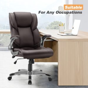 Office Chair Home Ergonomic Computer Hight Back Executive Desk Chairs, Adjustable Height Flip-Up Armrest Lumbar Support and Tilt Swivel Rocking PU Leather Chairs with Wheels Brown