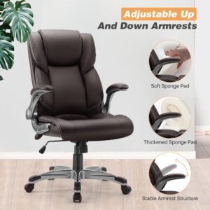 Office Chair Home Ergonomic Computer Hight Back Executive Desk Chairs, Adjustable Height Flip-Up Armrest Lumbar Support and Tilt Swivel Rocking PU Leather Chairs with Wheels Brown