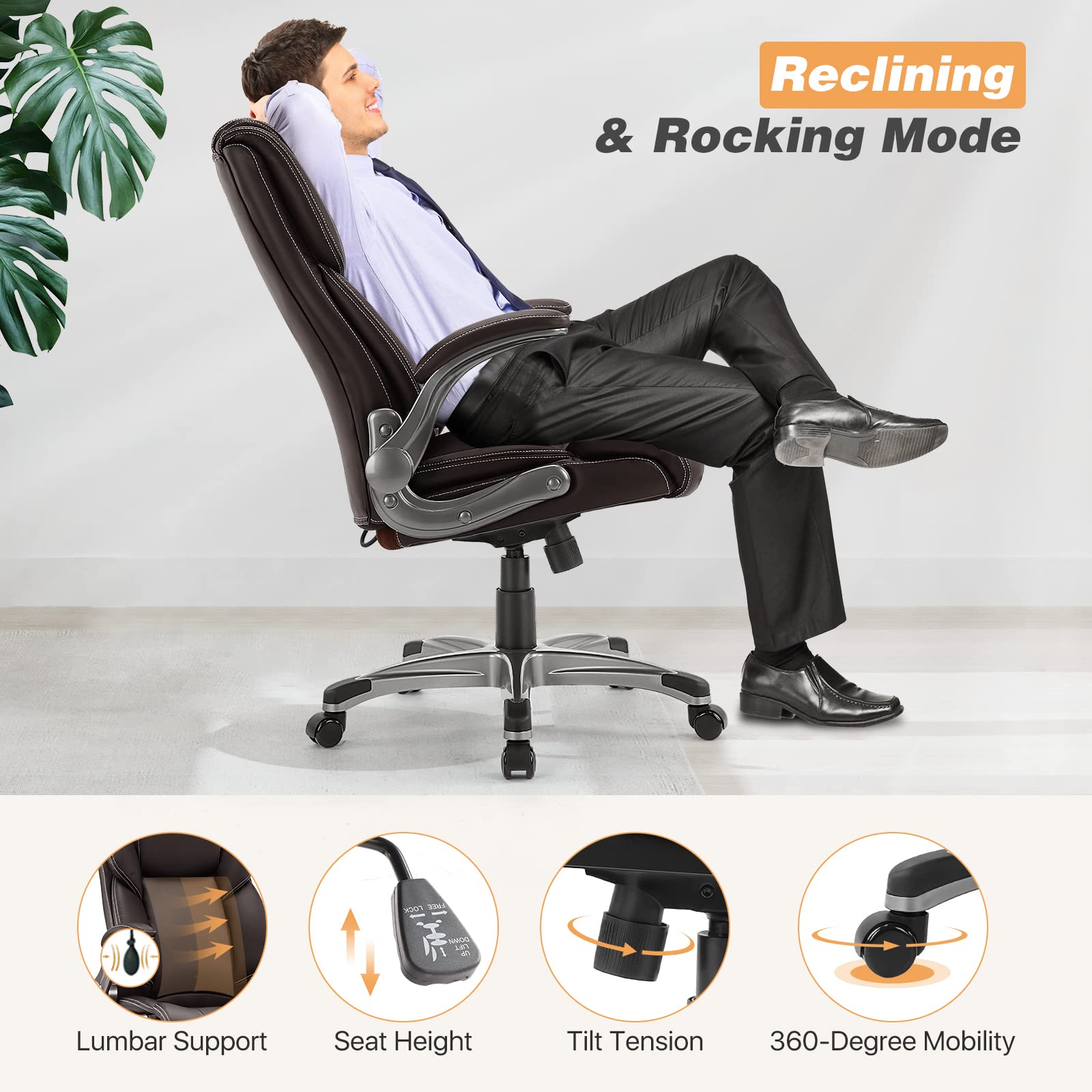 Office Chair Home Ergonomic Computer Hight Back Executive Desk Chairs, Adjustable Height Flip-Up Armrest Lumbar Support and Tilt Swivel Rocking PU Leather Chairs with Wheels Brown