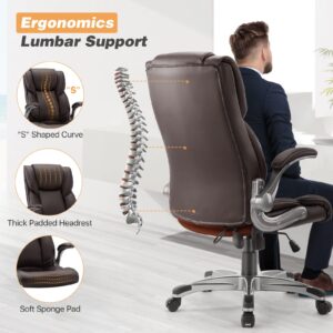 Office Chair Home Ergonomic Computer Hight Back Executive Desk Chairs, Adjustable Height Flip-Up Armrest Lumbar Support and Tilt Swivel Rocking PU Leather Chairs with Wheels Brown