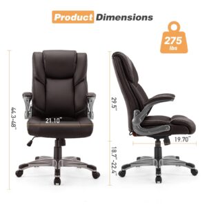 Office Chair Home Ergonomic Computer Hight Back Executive Desk Chairs, Adjustable Height Flip-Up Armrest Lumbar Support and Tilt Swivel Rocking PU Leather Chairs with Wheels Brown