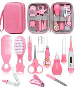 baby healthcare and grooming kit, safety newborn nursery care set, with hair brush comb, nail clipper, thermometer, pacifier clip, nasal aspirator for newborn infant baby girls boys (pink)