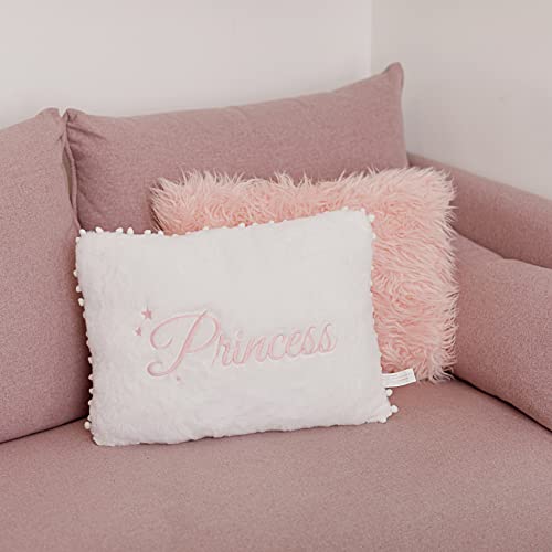 Set of 2 Decorative Pillows for Girls, Toddler Kids Room. White Fluffy Princess Pillow Embroidered and Furry Pink Faux Fur Pillow. Soft and Plush Girls Pillows – Throw Pillows for Kid’s Bedroom Décor