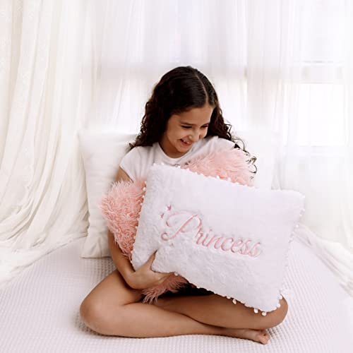 Set of 2 Decorative Pillows for Girls, Toddler Kids Room. White Fluffy Princess Pillow Embroidered and Furry Pink Faux Fur Pillow. Soft and Plush Girls Pillows – Throw Pillows for Kid’s Bedroom Décor