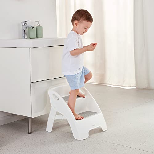 Step Stool for Kids, Toddler Step Stool for Bathroom Sink and Potty Training, Foldable and Integral Kitchen Helper 2-Step Stool with Handles and Slip-Resistant Soft Grips (Grey)