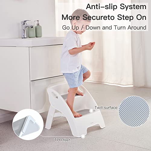 Step Stool for Kids, Toddler Step Stool for Bathroom Sink and Potty Training, Foldable and Integral Kitchen Helper 2-Step Stool with Handles and Slip-Resistant Soft Grips (Grey)