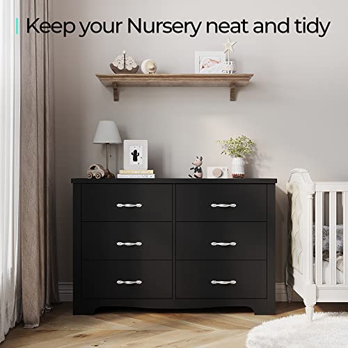 LINSY HOME 6 Drawer Dresser, Black Dresser for Bedroom, Nursery Dresser Organizer, Chest of Drawers for Kids Bedroom