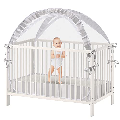 Baby Crib Tent Safety net, Crib Tent to Keep Baby from Climbing Out with 4.2 x 2.3 Inches Inner Space, Strong Frame & Soft Breathable Mesh, Crib cat Protector, Self-Locking Zippers, Canopy for Crib