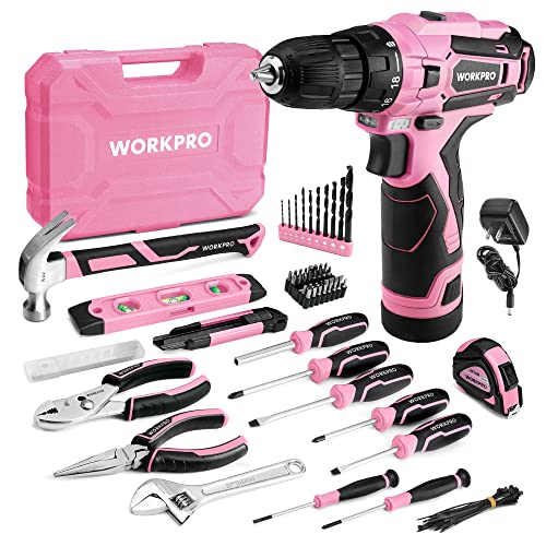 WORKPRO Pink Tool Set with Power Drill, 108PCS Portable Ladies Pink Drill Kit for Home with Toolbox including Pink Hammer, 1.5 Ah Cordless Hand Drills with Keyless Chuck and Variable Speed Trigger