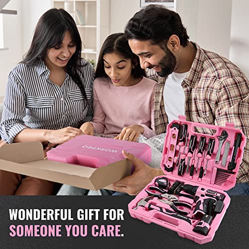 WORKPRO Pink Tool Set with Power Drill, 108PCS Portable Ladies Pink Drill Kit for Home with Toolbox including Pink Hammer, 1.5 Ah Cordless Hand Drills with Keyless Chuck and Variable Speed Trigger