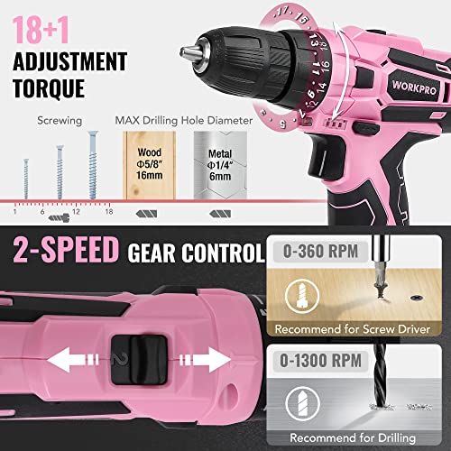 WORKPRO Pink Tool Set with Power Drill, 108PCS Portable Ladies Pink Drill Kit for Home with Toolbox including Pink Hammer, 1.5 Ah Cordless Hand Drills with Keyless Chuck and Variable Speed Trigger