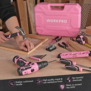 WORKPRO Pink Tool Set with Power Drill, 108PCS Portable Ladies Pink Drill Kit for Home with Toolbox including Pink Hammer, 1.5 Ah Cordless Hand Drills with Keyless Chuck and Variable Speed Trigger