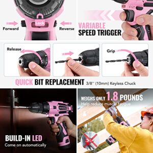 WORKPRO Pink Tool Set with Power Drill, 108PCS Portable Ladies Pink Drill Kit for Home with Toolbox including Pink Hammer, 1.5 Ah Cordless Hand Drills with Keyless Chuck and Variable Speed Trigger