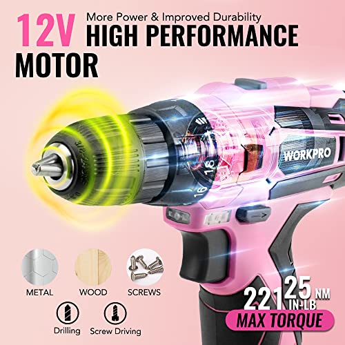 WORKPRO Pink Tool Set with Power Drill, 108PCS Portable Ladies Pink Drill Kit for Home with Toolbox including Pink Hammer, 1.5 Ah Cordless Hand Drills with Keyless Chuck and Variable Speed Trigger