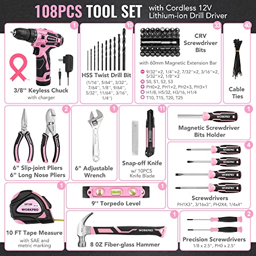 WORKPRO Pink Tool Set with Power Drill, 108PCS Portable Ladies Pink Drill Kit for Home with Toolbox including Pink Hammer, 1.5 Ah Cordless Hand Drills with Keyless Chuck and Variable Speed Trigger