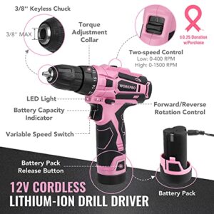 WORKPRO Pink Tool Set with Power Drill, 108PCS Portable Ladies Pink Drill Kit for Home with Toolbox including Pink Hammer, 1.5 Ah Cordless Hand Drills with Keyless Chuck and Variable Speed Trigger