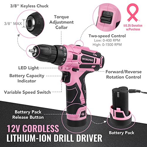 WORKPRO Pink Tool Set with Power Drill, 108PCS Portable Ladies Pink Drill Kit for Home with Toolbox including Pink Hammer, 1.5 Ah Cordless Hand Drills with Keyless Chuck and Variable Speed Trigger