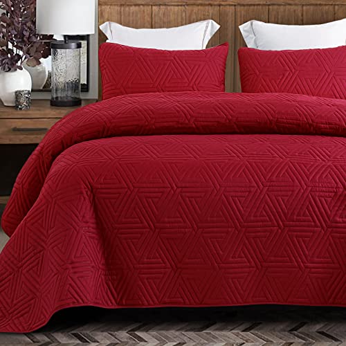 Whale Flotilla Soft Queen Size Quilt Set for All Seasons, 3-Piece Ultrasonic Geometric Bedding Set, Lightweight Reversible Bedspread, Coverlet, Bed Cover with 2 Pillow Shams, Red