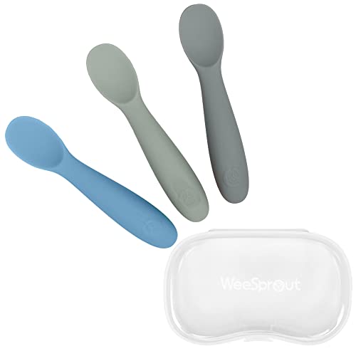 WeeSprout Baby Spoons, Shorter Length for Self Feeding, Soft Food Grade Silicone Baby Utensils for 6+ Months, Chew-Proof Durable Design, Easy Grip Handles, Dishwasher Safe, Carrying Case, 3 Pack