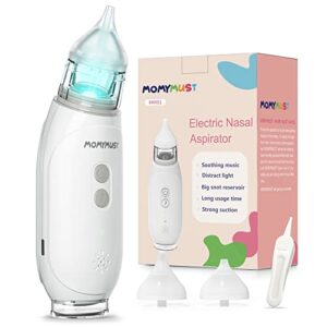 nasal aspirator for baby, momymust electric baby nose cleaner with self-cleaning function, baby nasal aspirator with 3 levels of suction, music and light, 2 nose-tips, 60 days use time