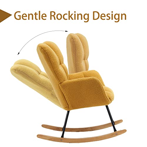 Krinana Teddy Fabric Nursery Rocking Chair, Rocker Armchair with Solid Wood Legs, Glider Chair Nursery with High Backrest for Living Room Apartment (Teddy Fabric,Yellow)