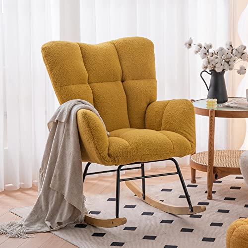 Krinana Teddy Fabric Nursery Rocking Chair, Rocker Armchair with Solid Wood Legs, Glider Chair Nursery with High Backrest for Living Room Apartment (Teddy Fabric,Yellow)