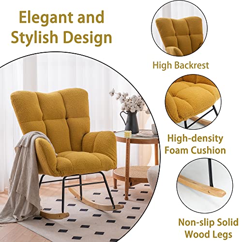 Krinana Teddy Fabric Nursery Rocking Chair, Rocker Armchair with Solid Wood Legs, Glider Chair Nursery with High Backrest for Living Room Apartment (Teddy Fabric,Yellow)