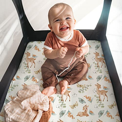 COSMOPLUS Stretch Pack n Play Sheets 2 Pack, Mini Crib Sheets Sets Fitted Pack and Play Sheets Playard Sheets Ultra Stretchy Soft,Butterfly Deer